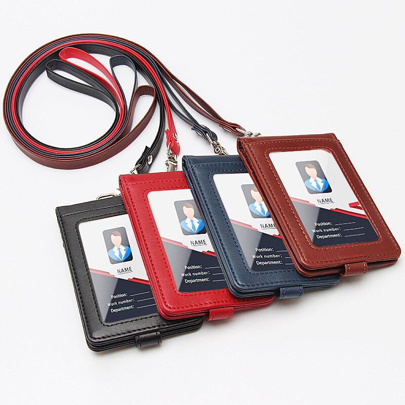 Business Work Chest Card Credential Holder PU Leather Lanyard Rope Name ...