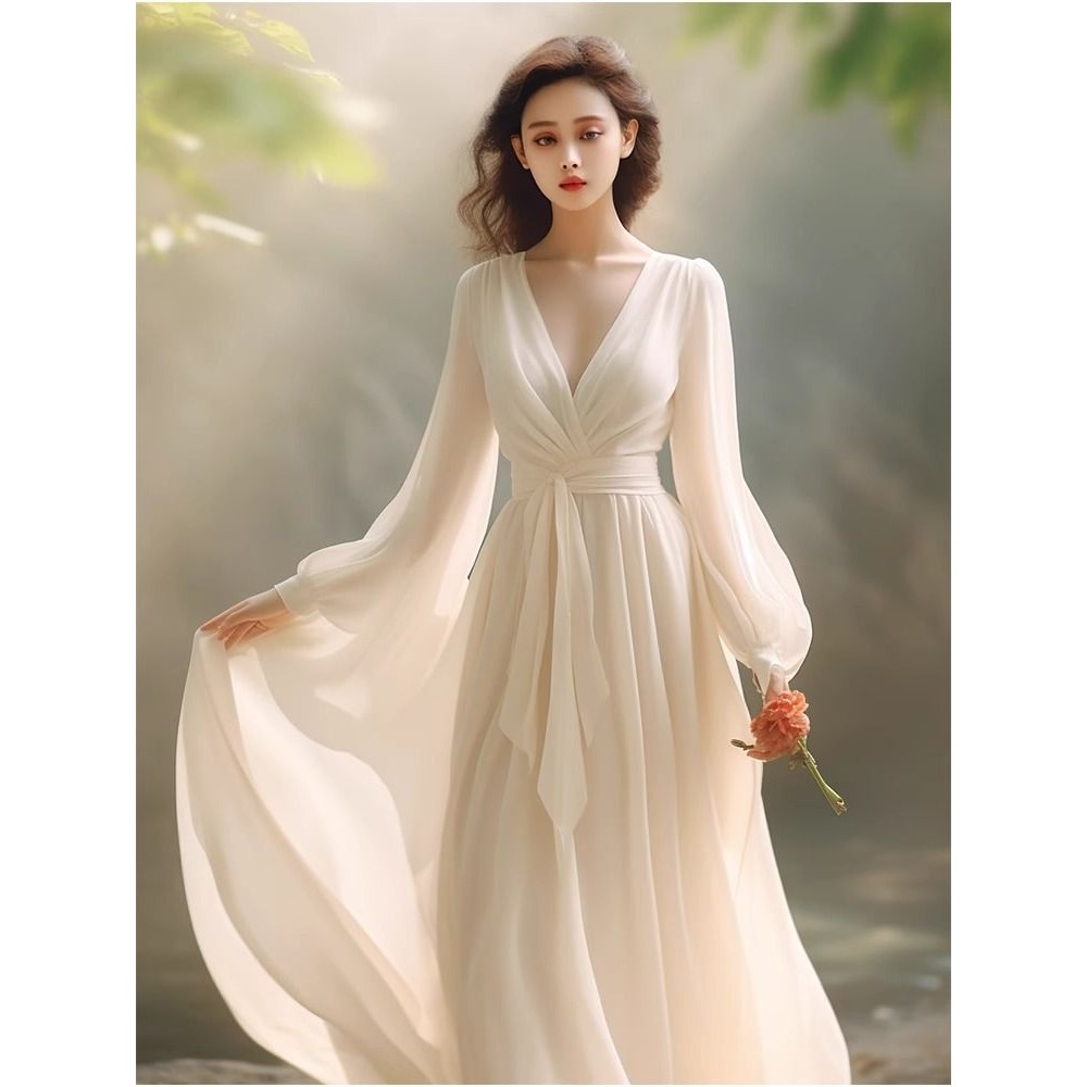 Korean White Elegant Retro Chiffon Civil Wedding Graduation Debut Long ...