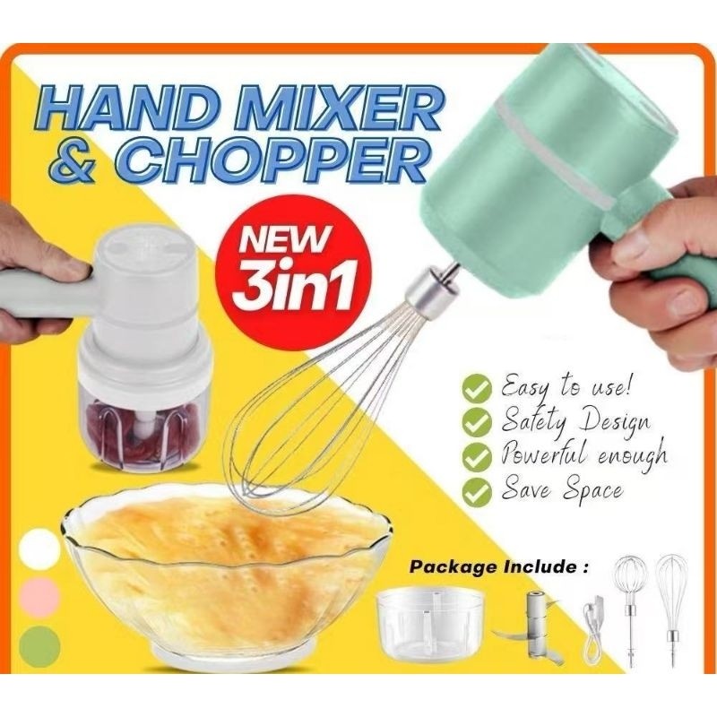 3-in-1 Wireless Hand Mixer Electric Garlic Egg Beater Chopper Automatic Food Processor Portable ...