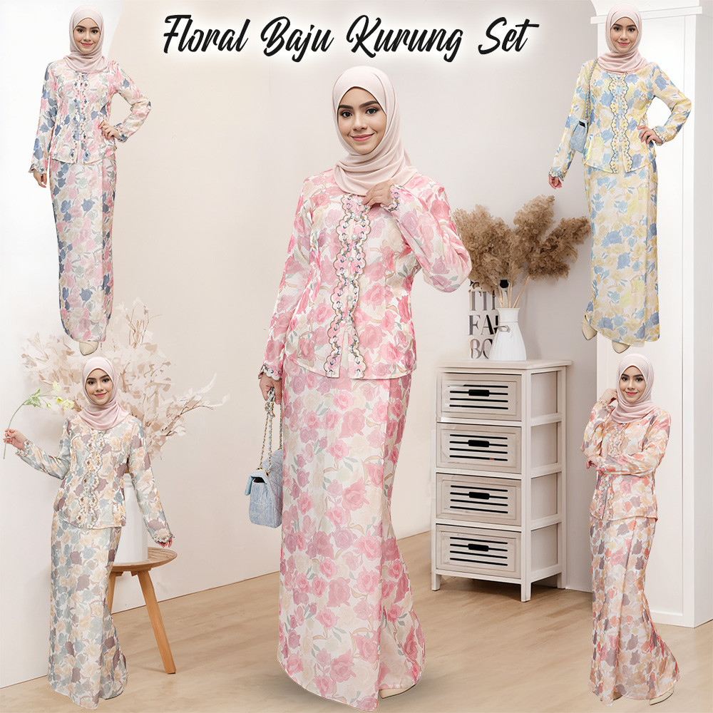 Floral Shiny Cotton Baju Kurung Sedondon Sulam Muslim Set Nursing ...