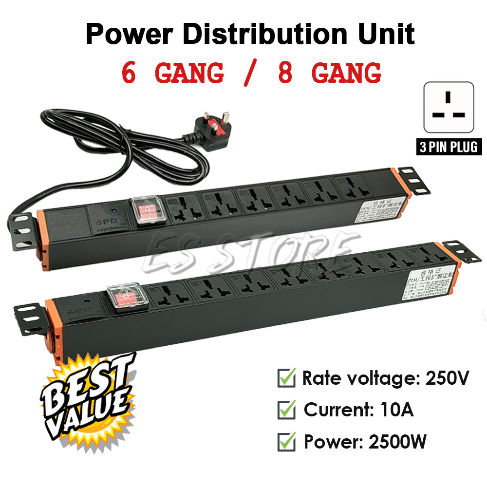 PDU Power Distribution Unit 6 Gang / 8 Gang UK 3 pin Power Socket ...