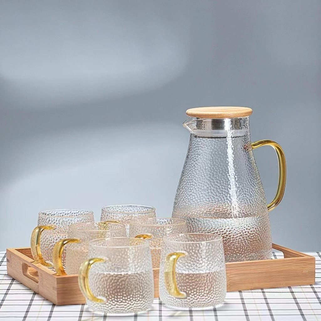 HAMMERED FINISH BOROSILICATE GLASS PITCHER BEVERAGE JUG WATER JAR WITH ...