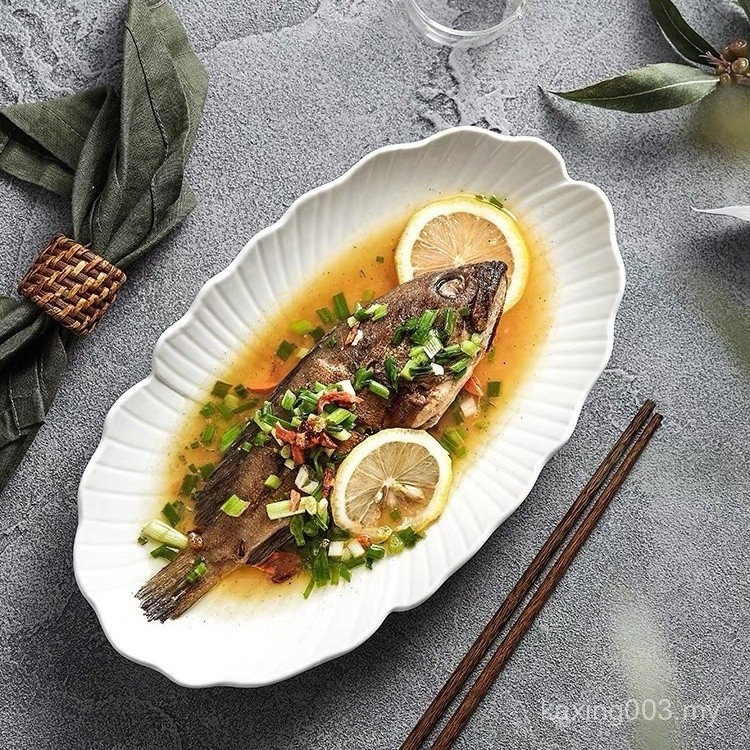 Official Ceramic Pure White Fish Plate High-End Household Steamed Fish ...