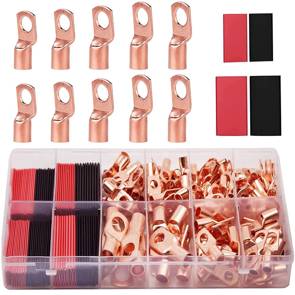 100pcs Copper Terminal Connectors, AWG 4 6 8 10 12 Ring Lug Kit With ...