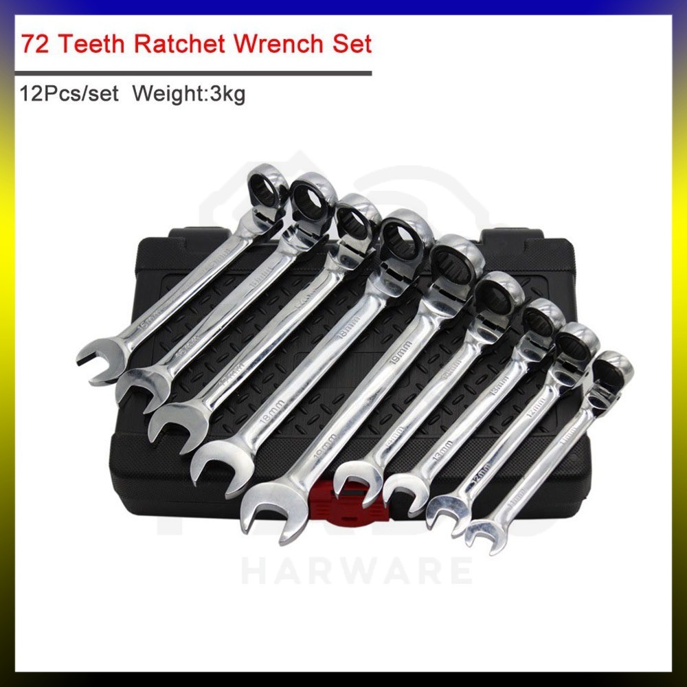 12pcs 8 to19mm CR-V Flexible Fixed Head Common Ring Ratchet Combination ...