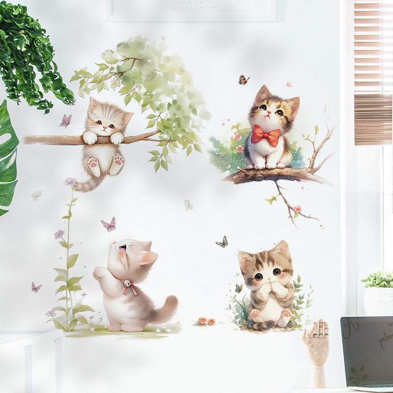 Pelekat Dinding Daun Cawangan Kucing Comel Kartun Kedai Haiwan Peliharaan Bilik Darjah Tadika ...