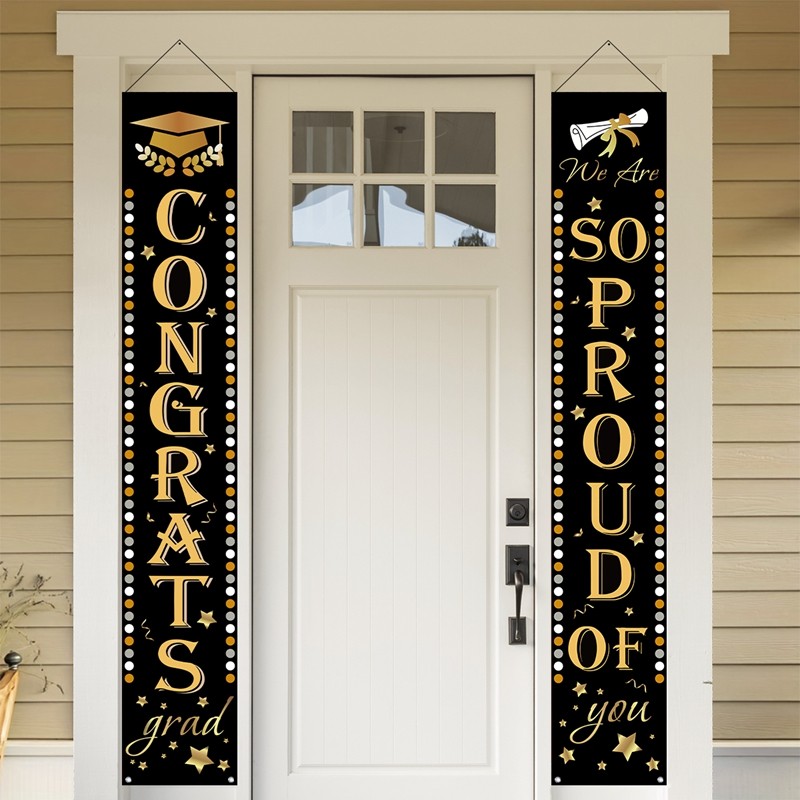 Polyester 180*30cm Black Gold Graduation Season Door Couplet Happy Graduation Banner Graduation ...