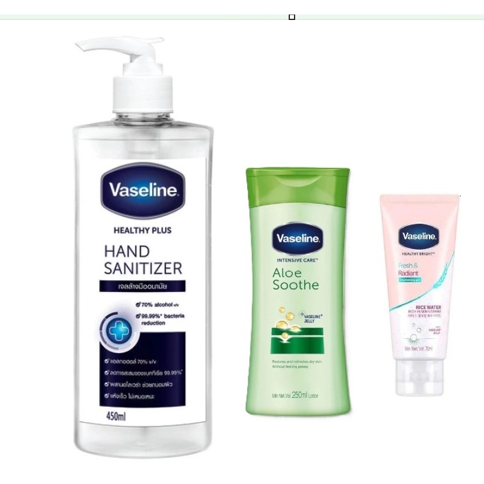 VASELINE Brightening Gel Rice Water 70ml Healthy Plus Hand Sanitizer 450ml Intensive Care Aloe ...