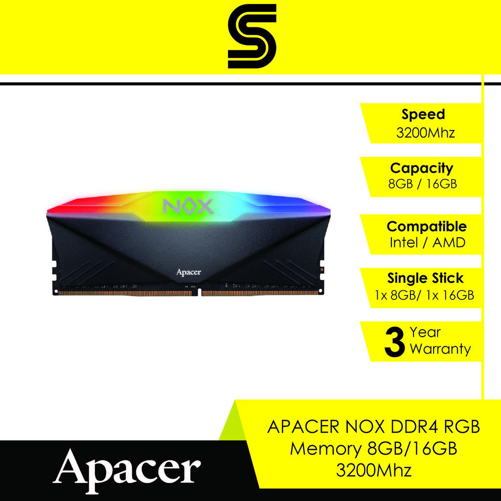 Apacer Nox Rgb Ddr4 Desktop Memory 3200mhz Black White 8gb 16gb