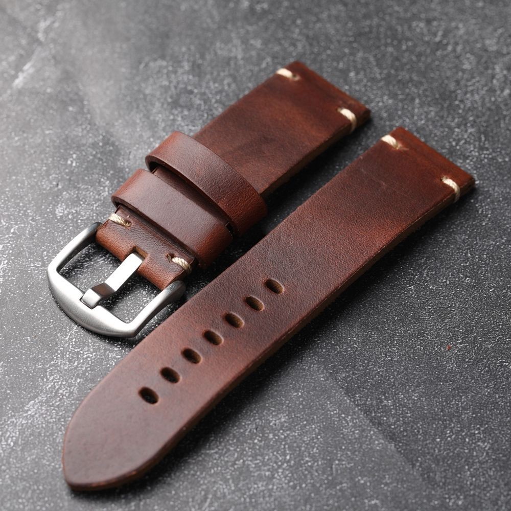 Handmade Watch Strap 20MM 22MM 24MM Brown Red Thickened Genuine Leather ...