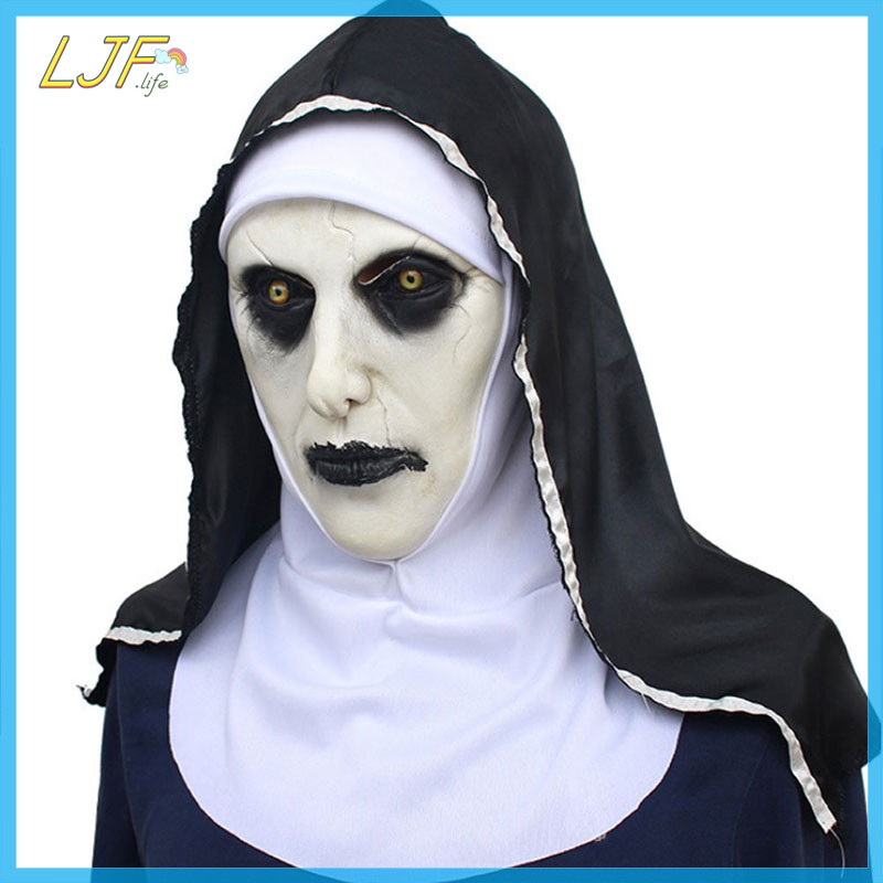 LJF The Horror Scary Nun Latex Mask w/Headscarf Valak Cosplay for ...