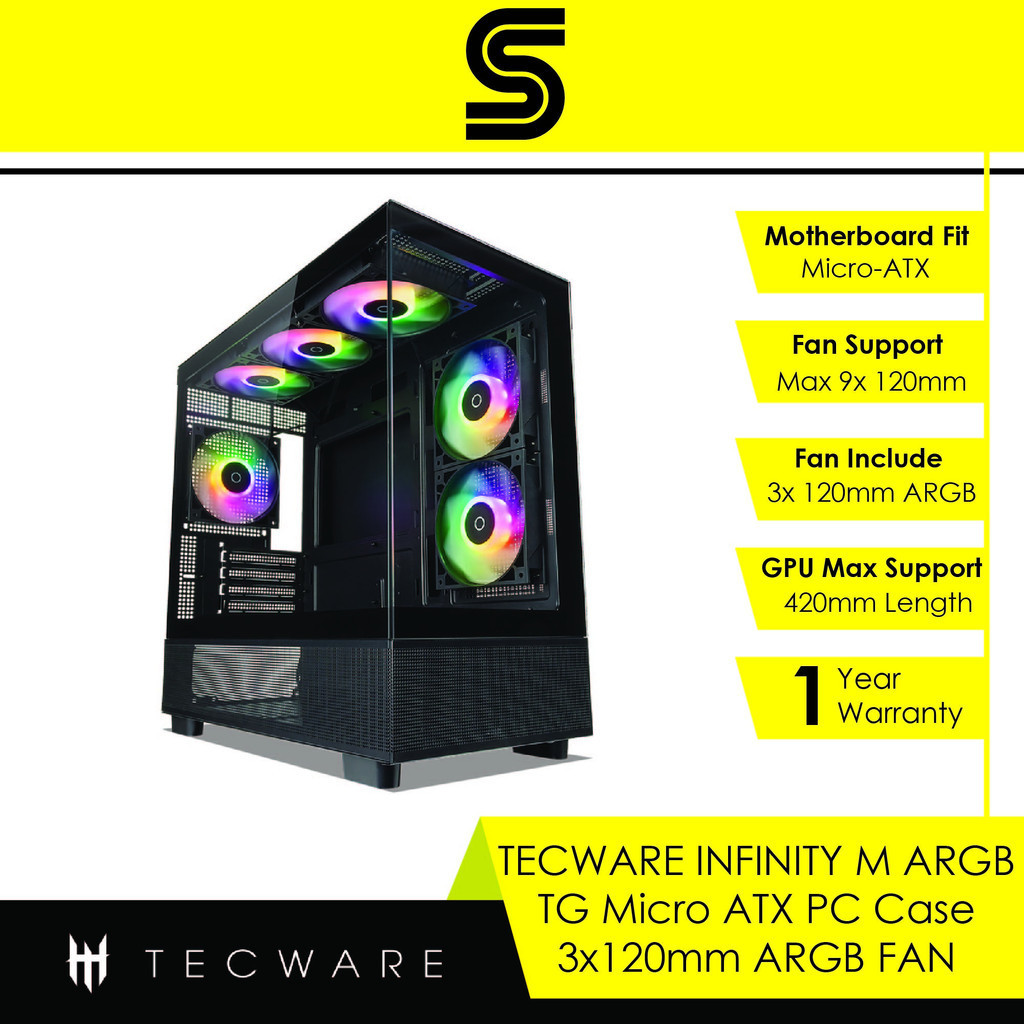 TECWARE INFINITY M ARGB Micro-ATX TG PC Case Black (3x ARGB 120mm Fan ...