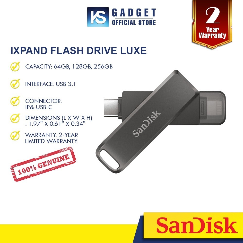 SanDisk Ixpand Flash Drive Luxe Type C & I OTG USB (256GB/128GB/64GB ...