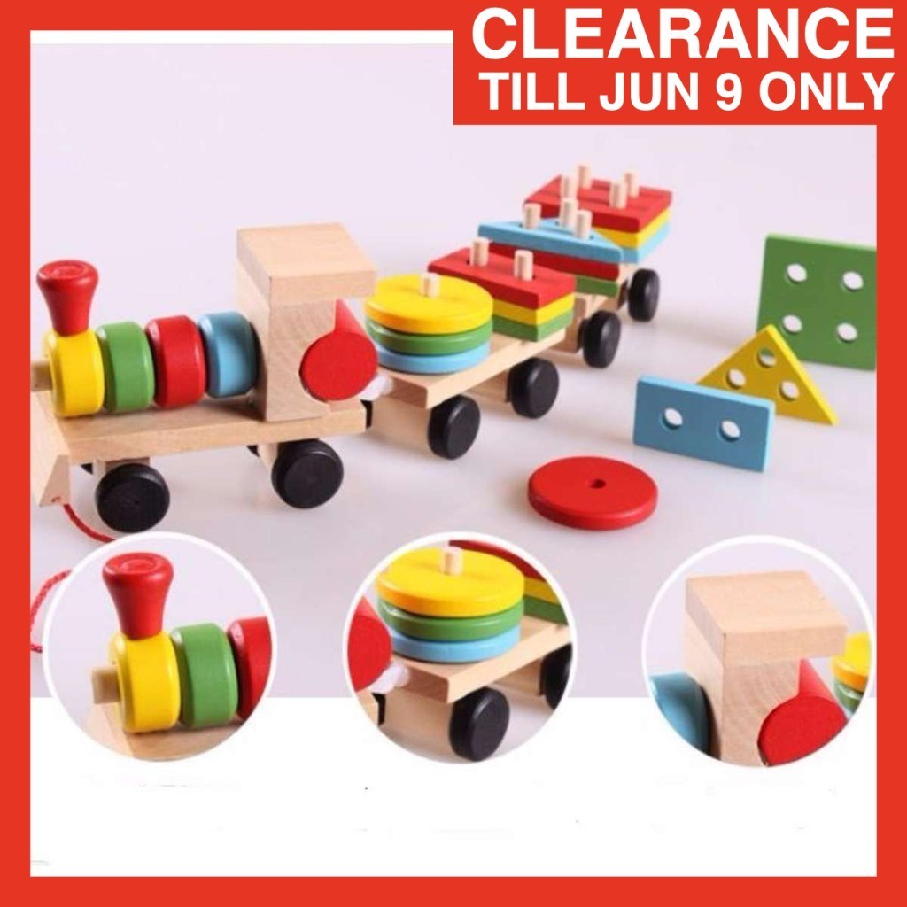 (SOLID WOOD) Baby Wooden Train Blocks Building Shapes Numbers Block ...