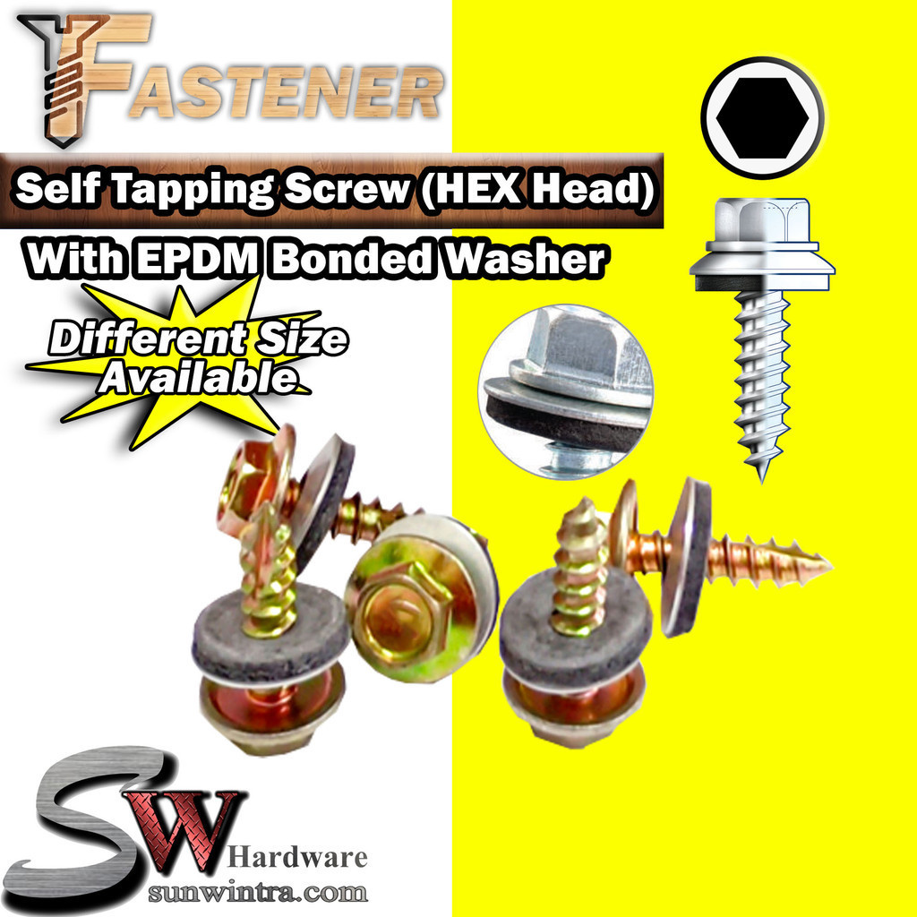 SW Hardware [BOX] Self Tapping Screw HEX Head Screw with Washer Zinc ...