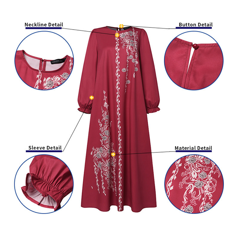 ZANZEA Women Muslim Fashion Buttons Printing Full Sleeve O-Neck Dresses ...