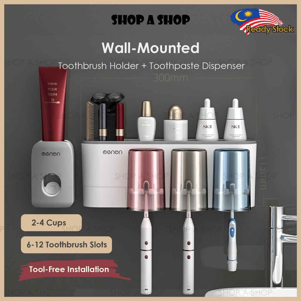 Wall Mounted Toothbrush Holder & Automatic Toothpaste Dispenser Squeezer With Cups Tempat Letak ...