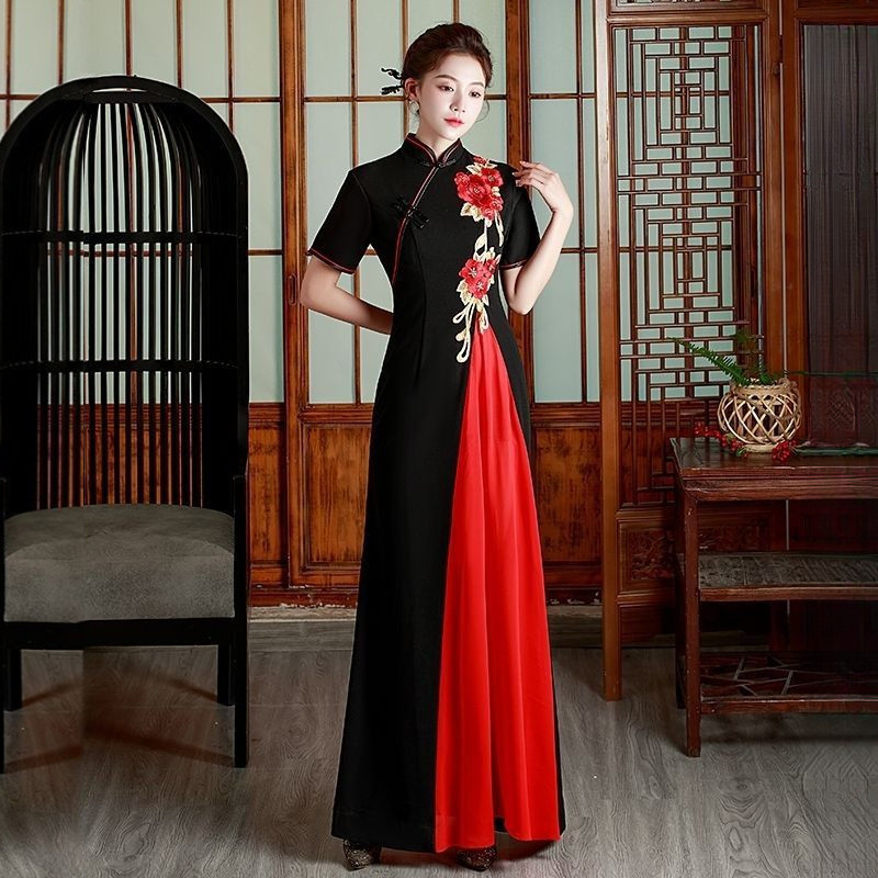 [Dsmyz] Cheongsam Dress Black & Red Colorblock Embroidery Floral Ao Dai ...