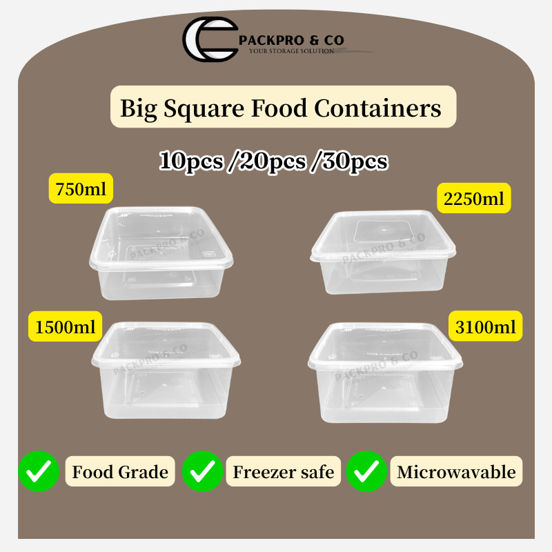 750ML -3100ML Big Square Microwavable Food Container Bekas Plastik ...