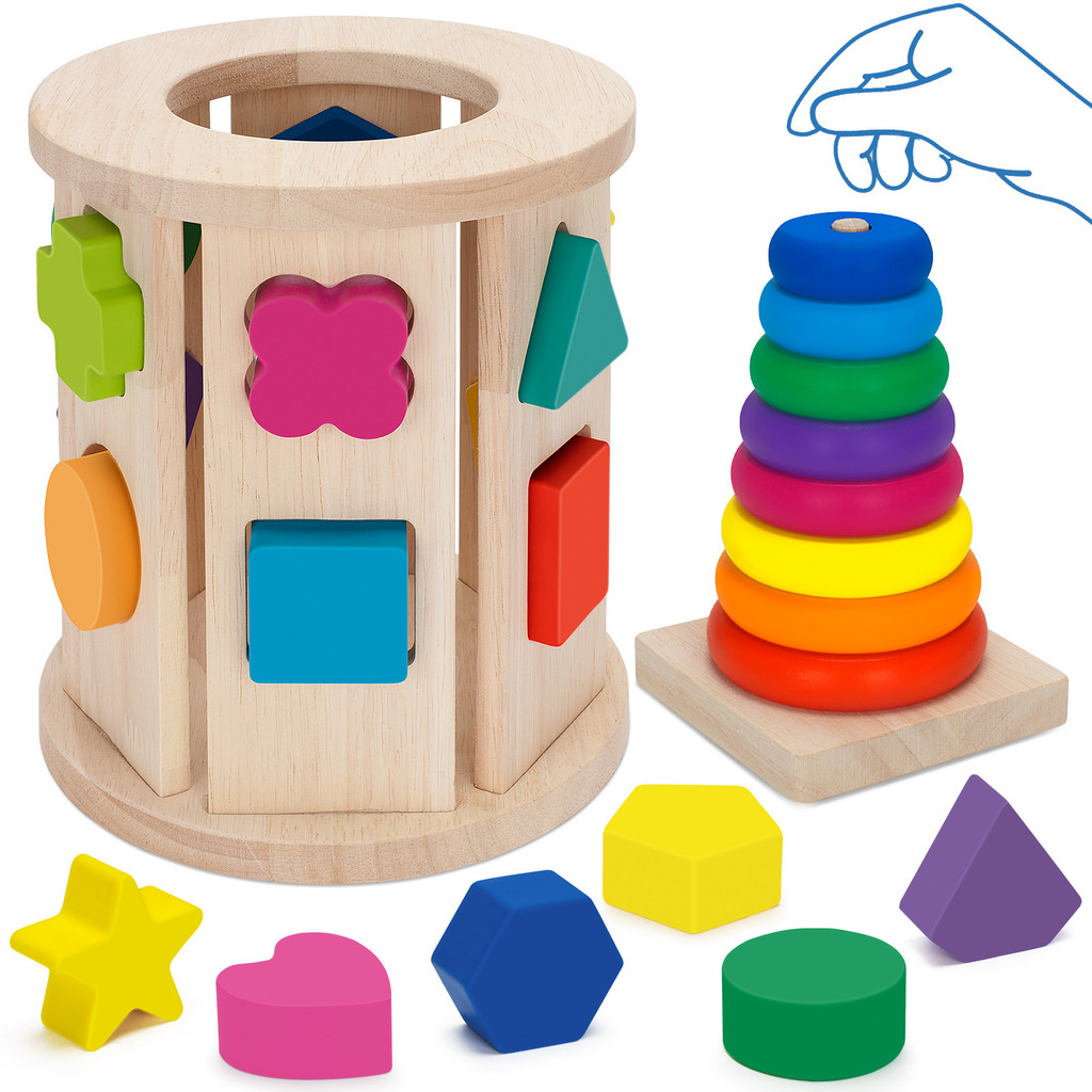 Children Wooden Large Particle Building Blocks Shape Matching Barrel ...