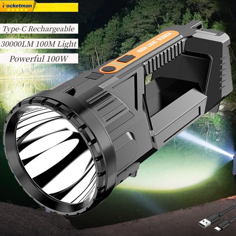 30000LM 100W LED Bright Searchlight IPX6 Waterproof Camping Flashlight ...