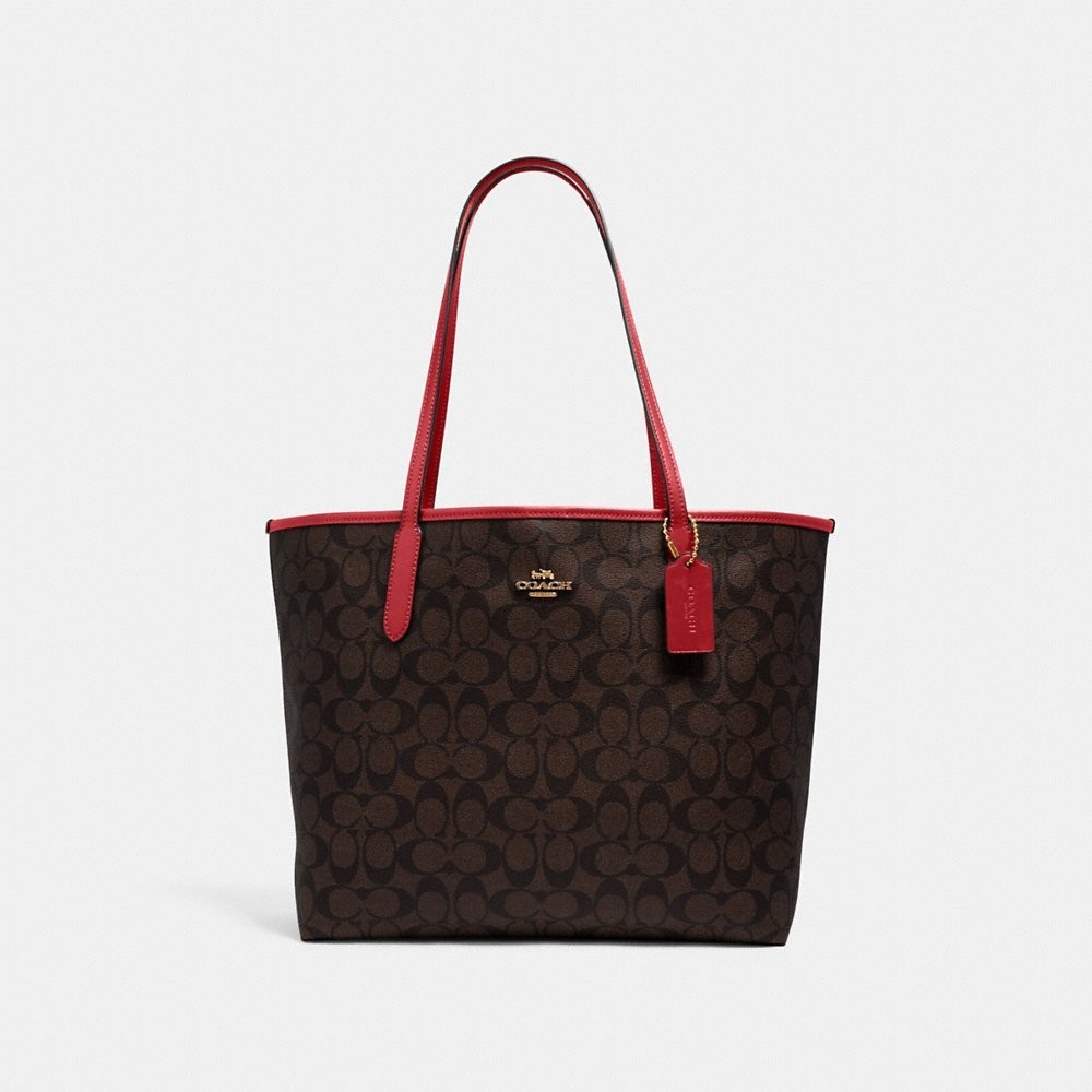 C0ACH Signature Open City Tote in Brown 1941 Red (5696) | Shopee Malaysia