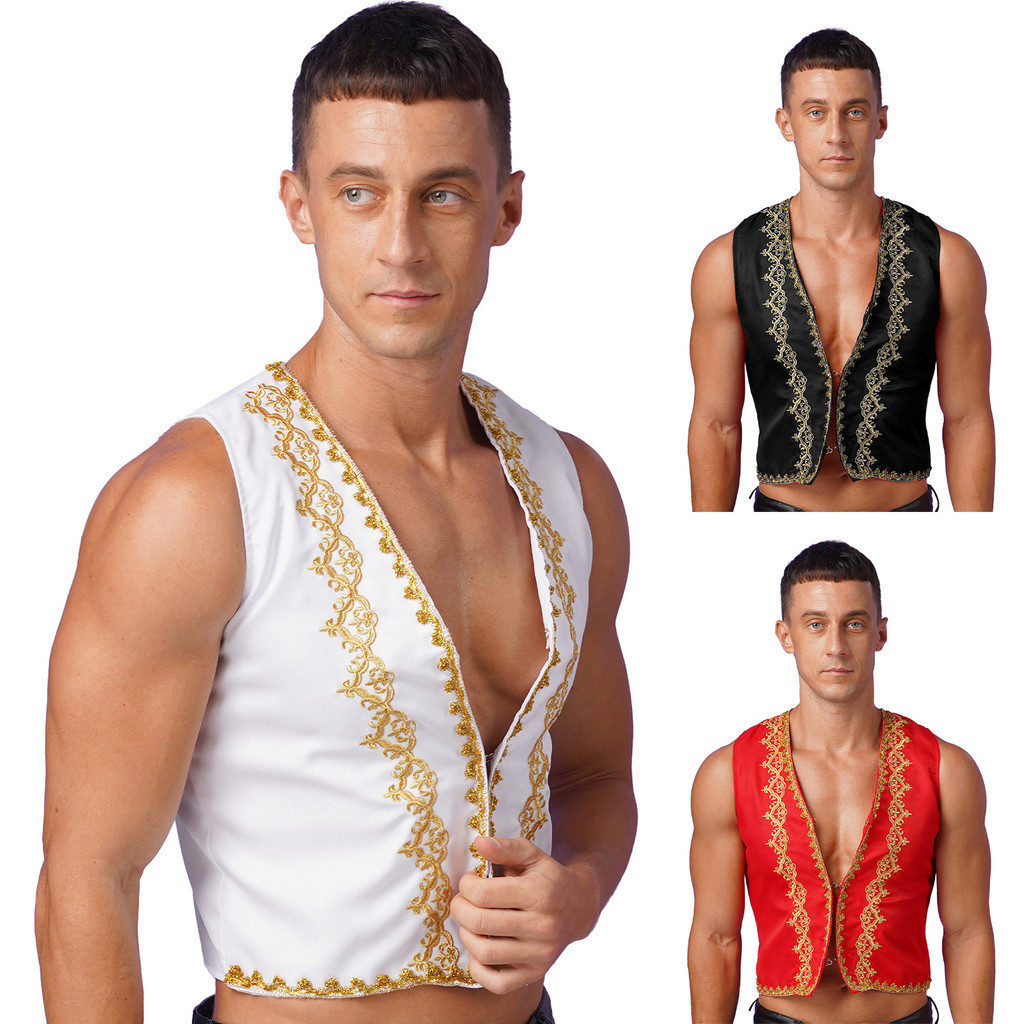 Loodgao Mens Victorian Vest Gold Trims Embroidery Open Front Medieval ...