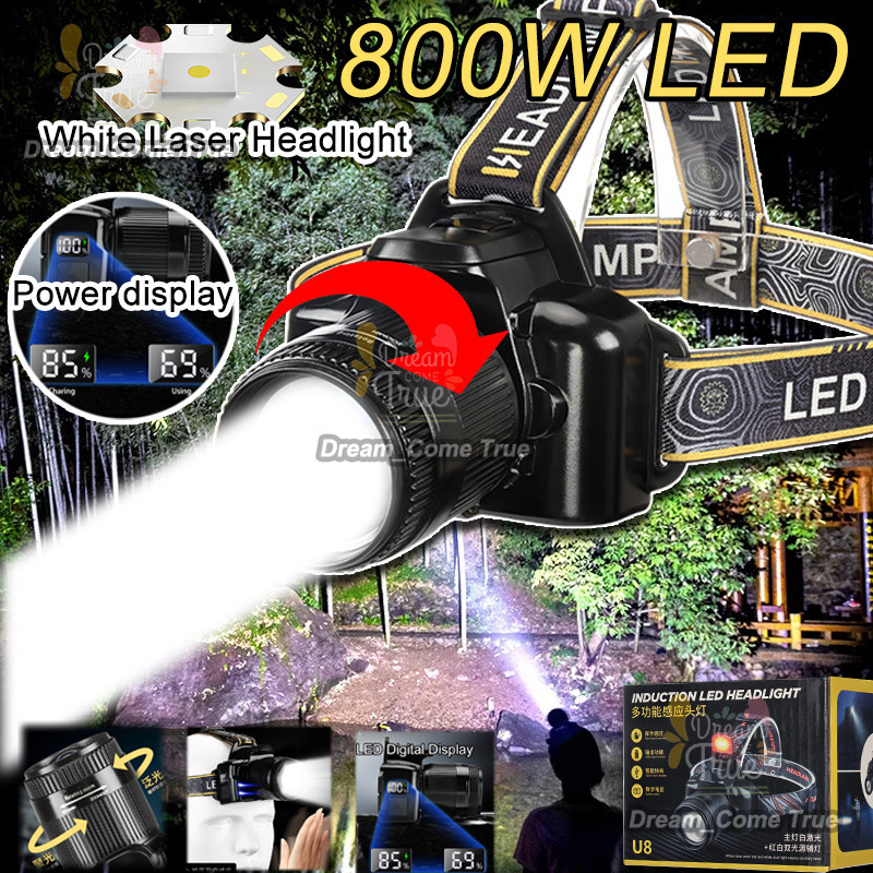 800W White laser LED digital display head lamp Rechargeable Outdoor ...