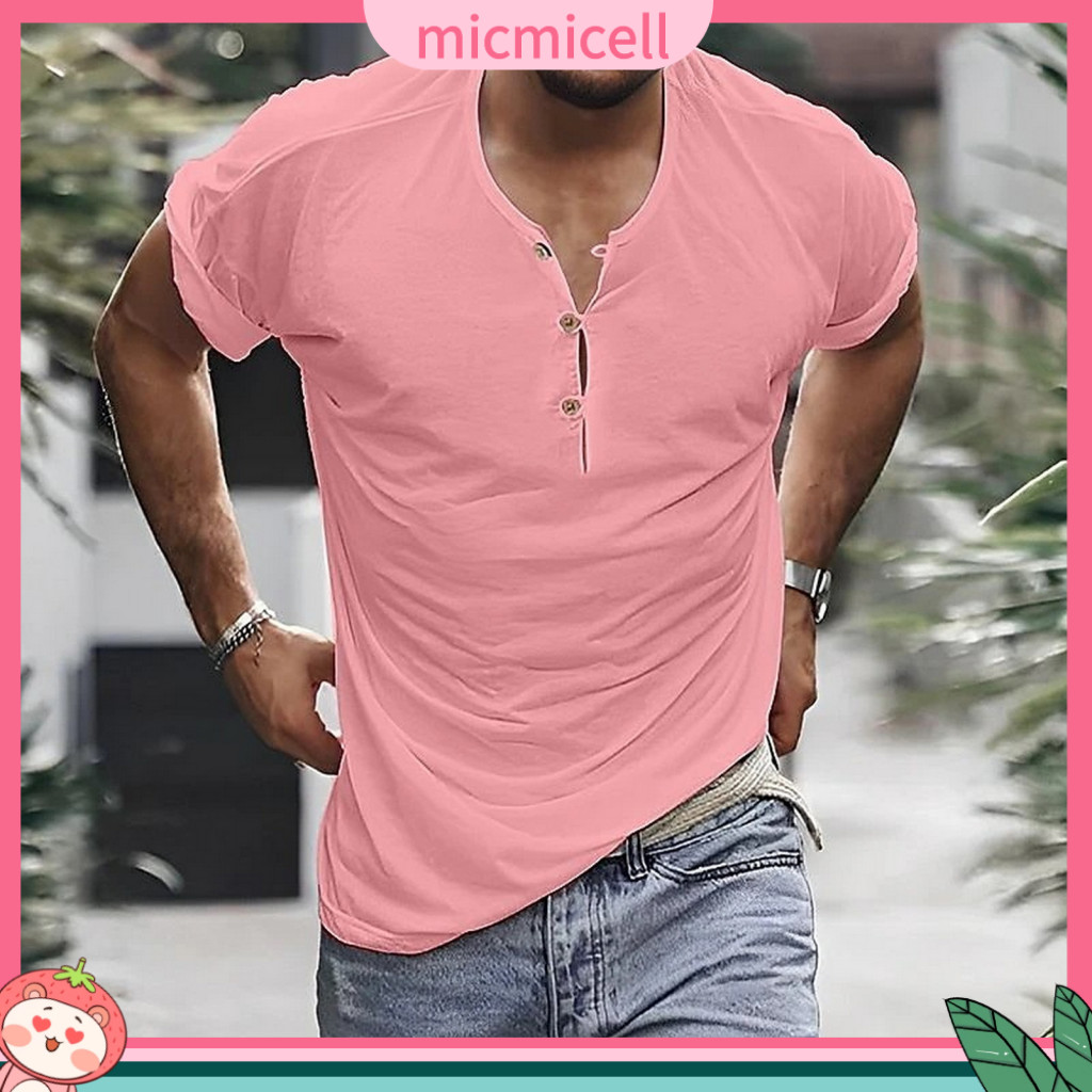 Mic Men Button Up T Shirt Men Tee Mens Summer Buttoned Round Neck T Shirt Slim Fit Solid Color