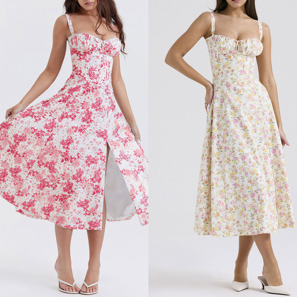Women Spaghetti Straps Dress Sling Strap Suspender Floral Printed Skirt ...