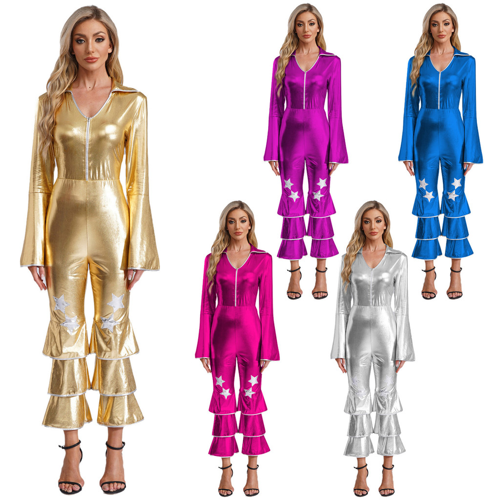 Venjoe Women 70s 80s Disco Outfit One Piece Long Sleeve Flared Jumpsuit ...