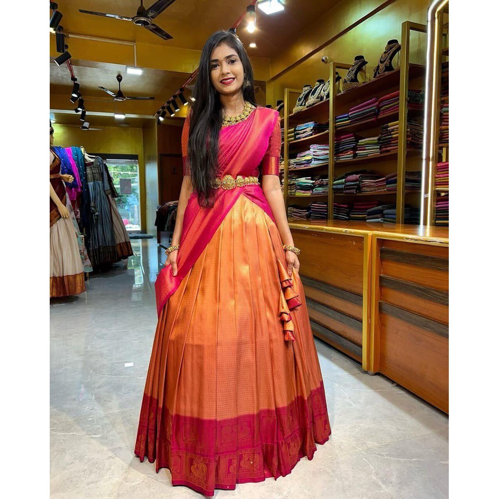 PAVADAI THAVANI (HALF SAREE) Pure softy Silk Zari lehanga with blouse ...