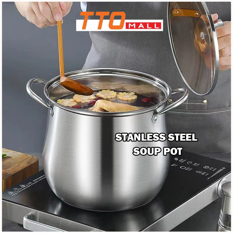 [TTO] Kitchen Stainless Steel Soup Pot with Glass Cover Lid Cooking ...