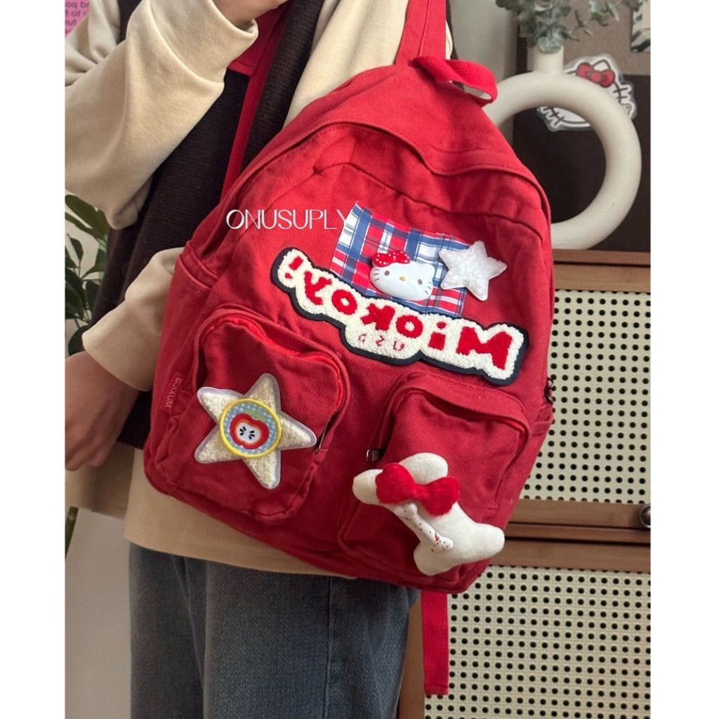 Hello Kitty Vintage Backpack Canvas Wine Red Hello Kitty Large capacity ...