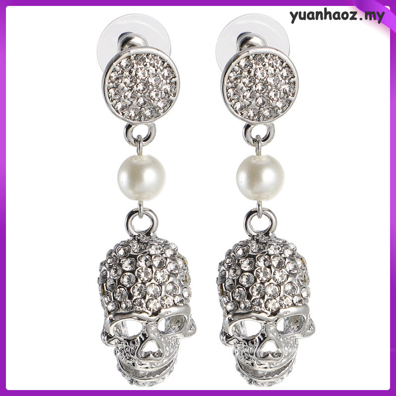 Skull Earrings Day of The Dead Pendant Halloween Full Diamond Pearl ...