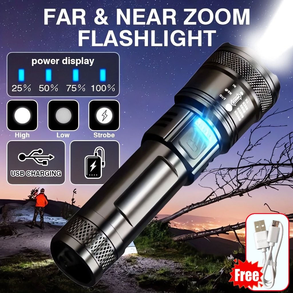 【Free Type-C】Fast charging Lampu Suluh LED Flashlight Zoomable USB ...