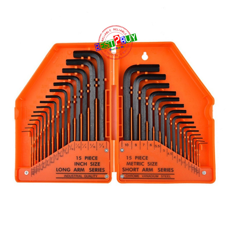 30Pcs Hex for Allen Key Wrench Set 0.028"- 3/8" Inch & 0.7mm-10mm Chromium-vanadium Steel ...