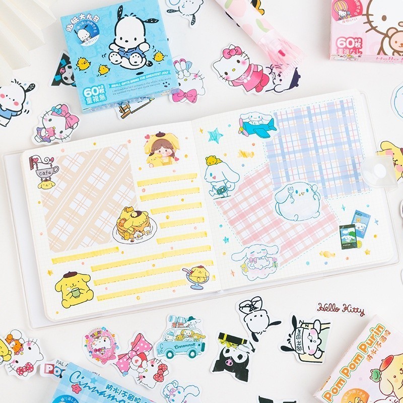 60pcs Box Sanrio Handbook Sticker Set Hello Kitty Kuromi Cinnamoroll