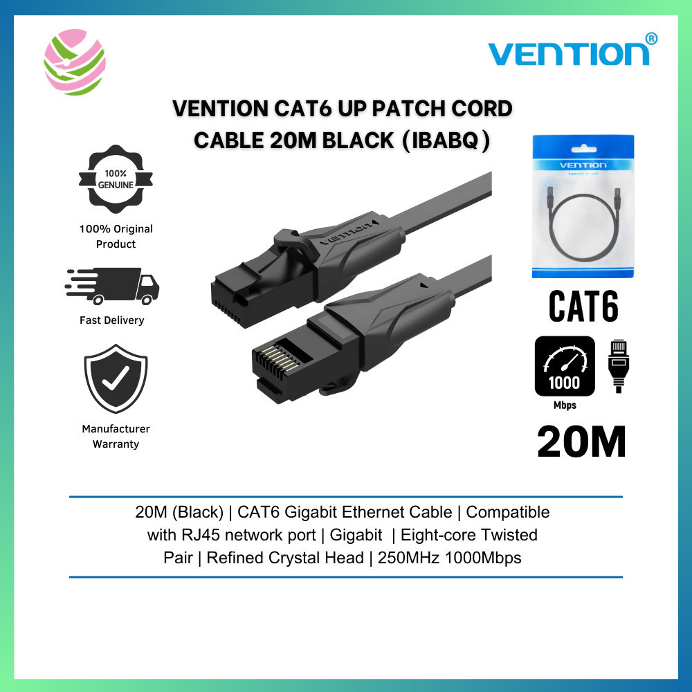VENTION CAT6 UP PATCH CORD CABLE 20M BLACK (IBABQ) | Shopee Malaysia