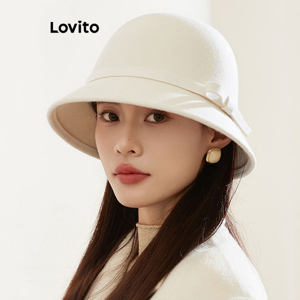 Lovito Elegant Plain England Retro Woolen Temperament Hat for Women ...