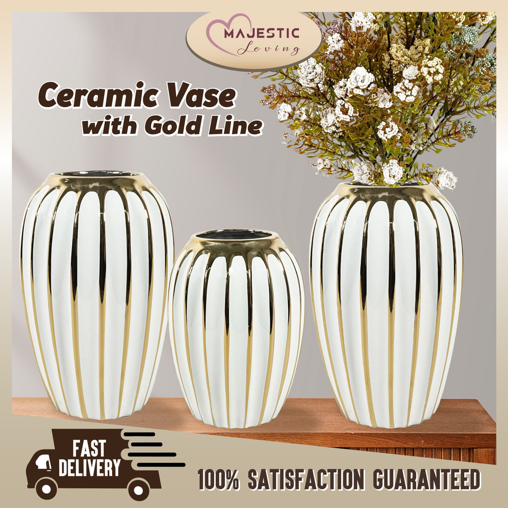 Ceramic Vase Table Pot White Gold Line Vase Bouquet Home Deco Hiasan ...
