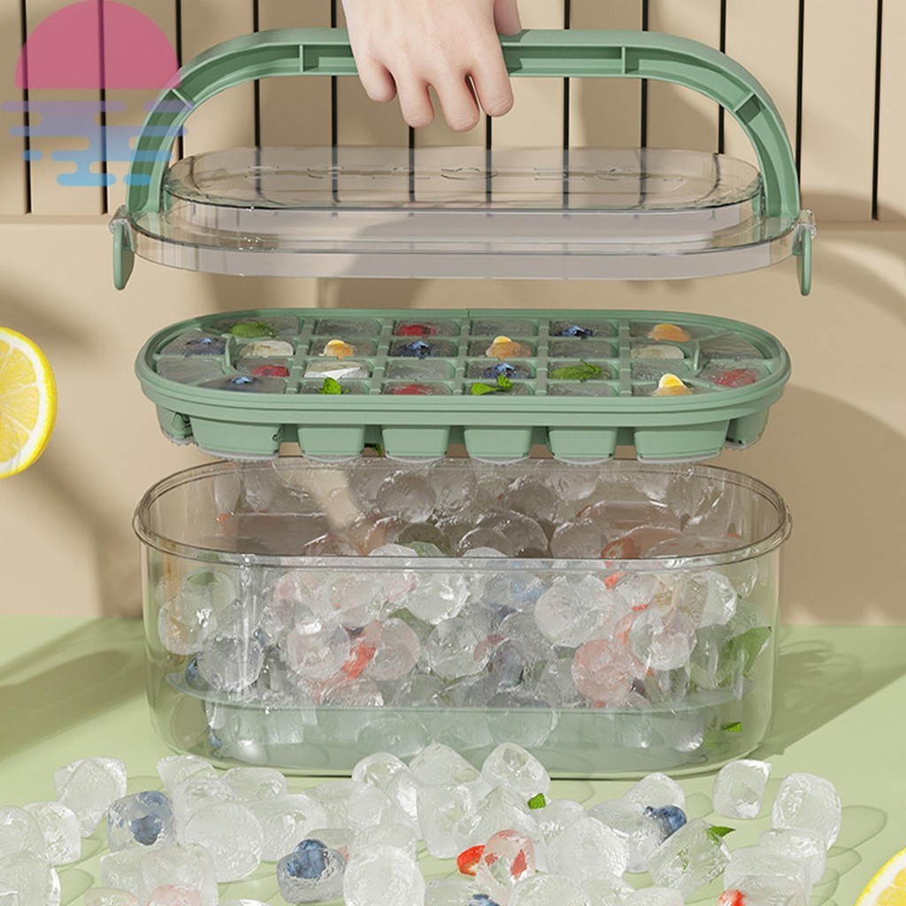 Ice Cube Tray with Lid and Bin Reusable Ice Ball Maker 2-Layer ...