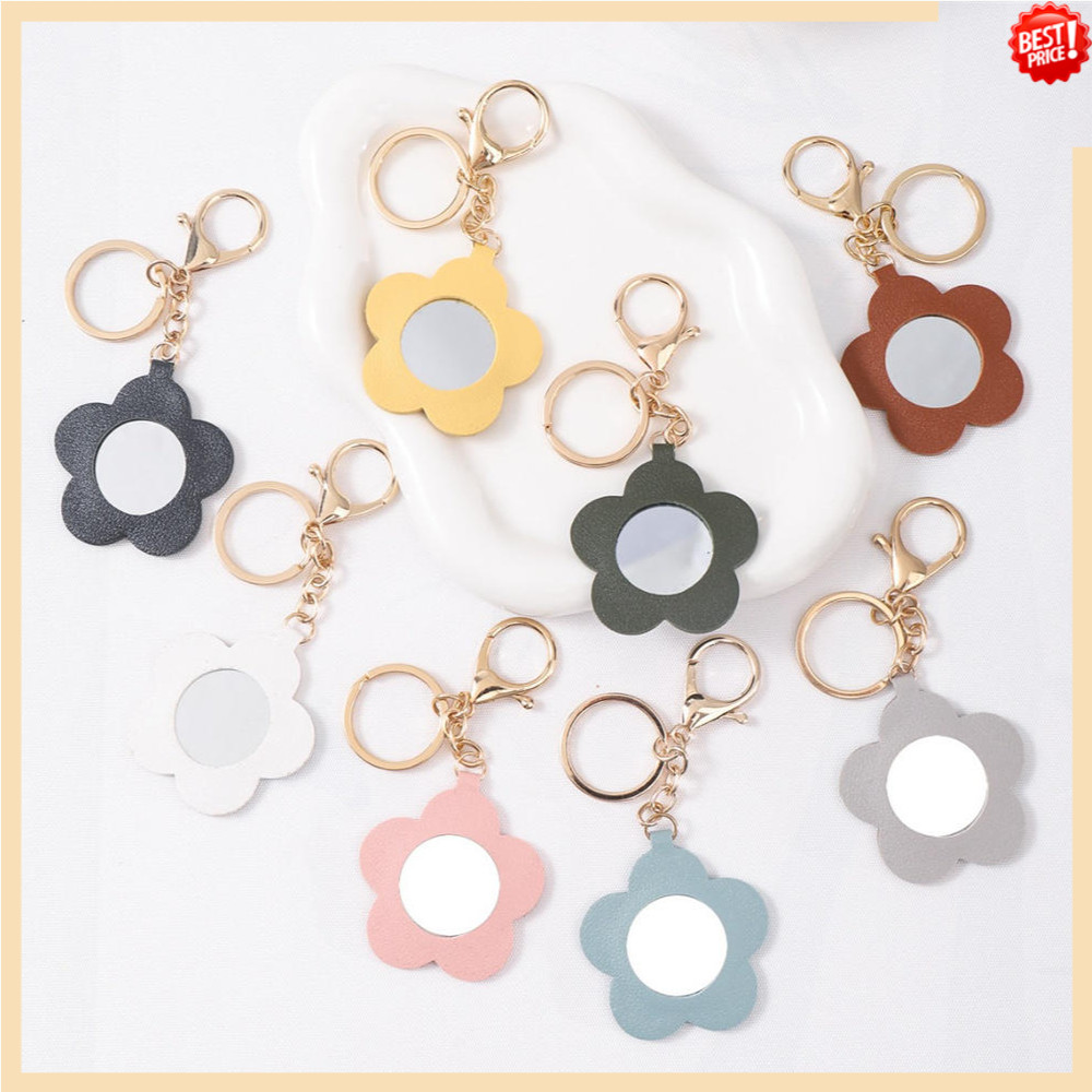 Flower Shape Cartoon Cosmetic Mirror Keychain PU Leather Portable ...