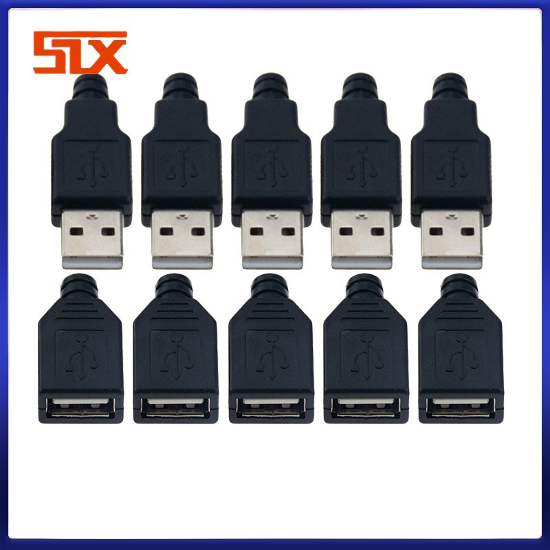 10pcs Type A Male Female Usb 4 Pin Plug Socket Connector With Black Plastic Cover Type A Diy