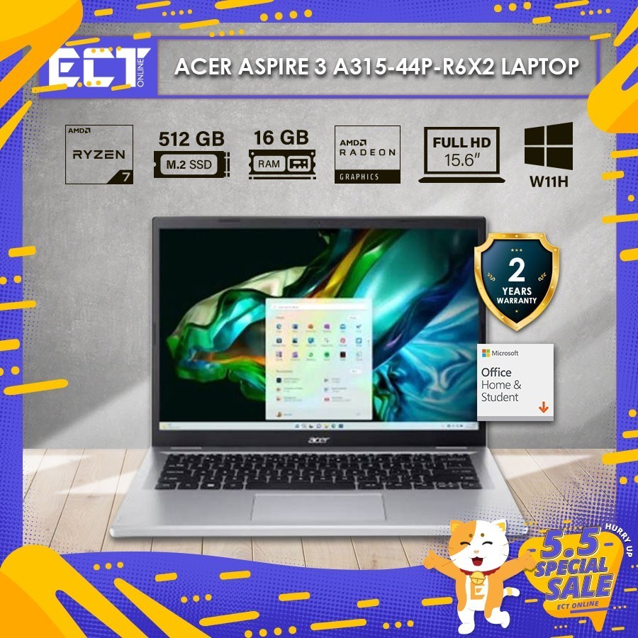 Acer Aspire 3 A315-44P-R6X2 Laptop (R7-5700U 4.30GHz,512GB SSD,16GB,ATI,15.6" FHD,W11,HS21 ...