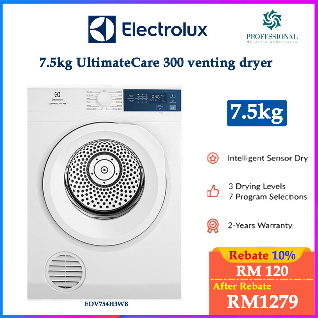 Electrolux UltimateCare 300 Venting Dryer with Hygienic Care (7.5kg ...