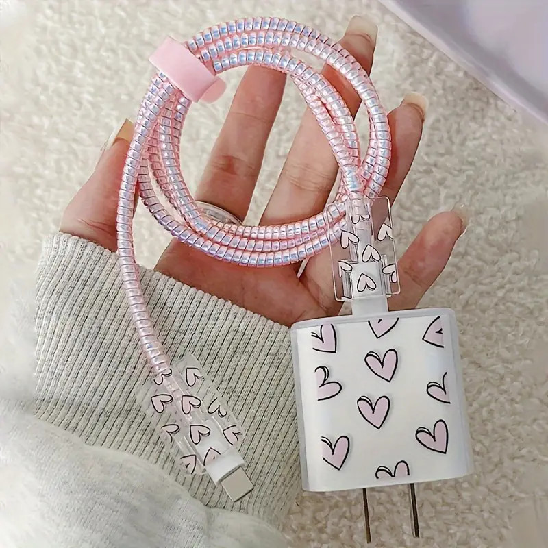 Pink Love Heart Printed Cable Protection Set Charger & Data Cable ...
