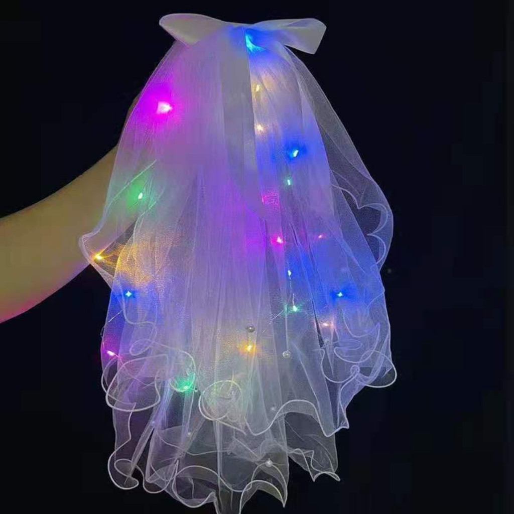LED Lights Pearls Ribbon Bow Bridal Veil Double Layer Short Veil with ...
