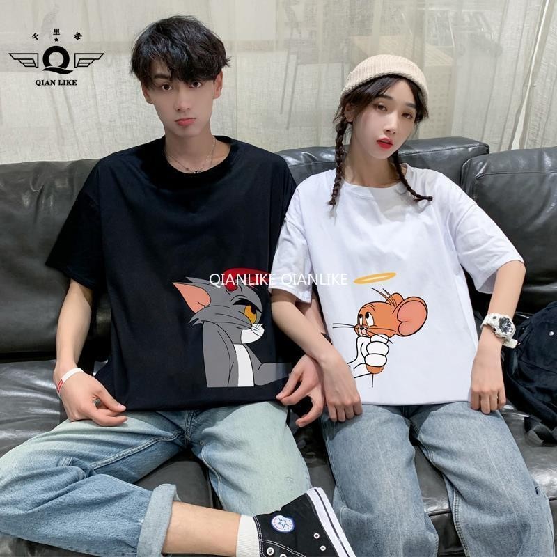 【M-8XL】couple short sleeve cat and mouse five sleeve loose Korean cartoon T-shirt ins fashion ...