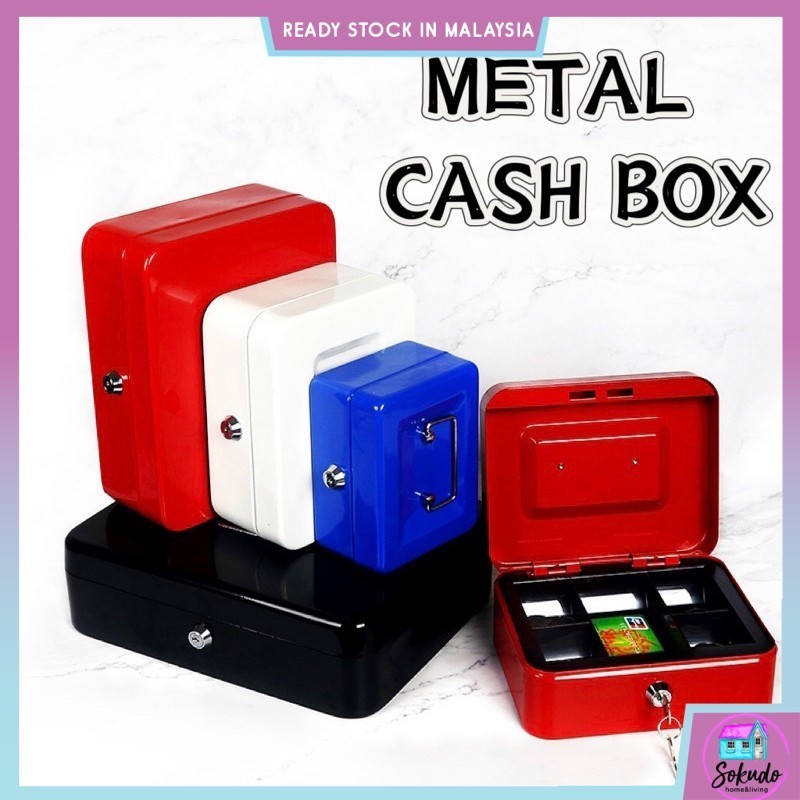 Metal Petty Cash Box Handle Tray Safe Money Coins Bill Key Security ...